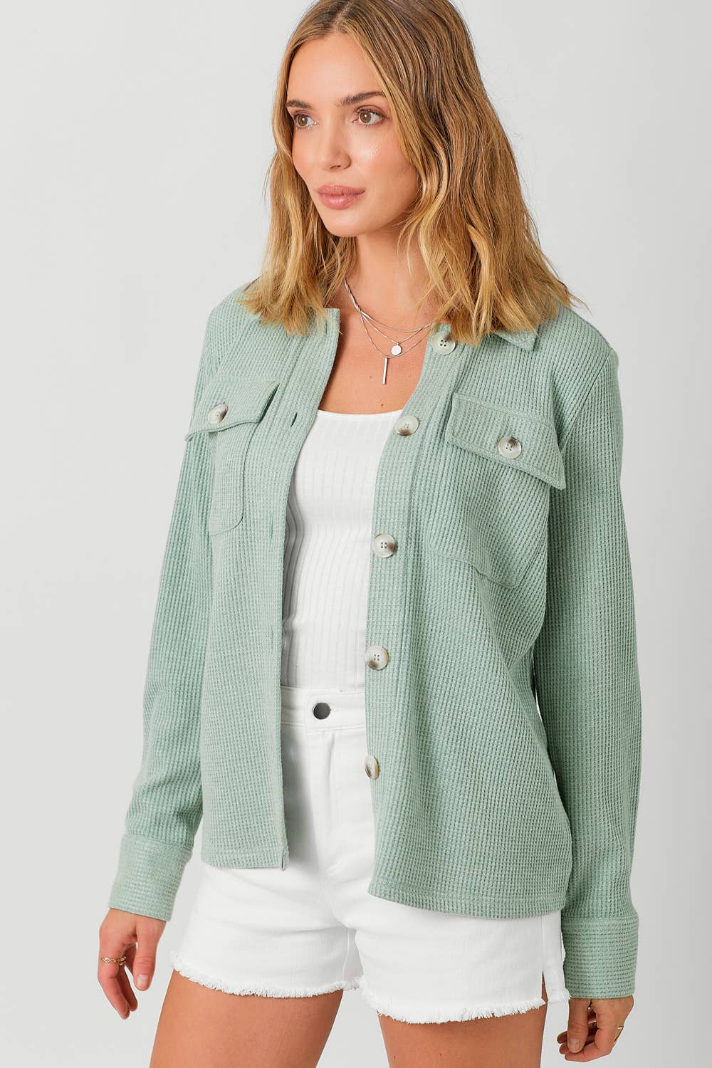 Sage Green Button Down Thermal Shacket | Anchored Designs Boutique